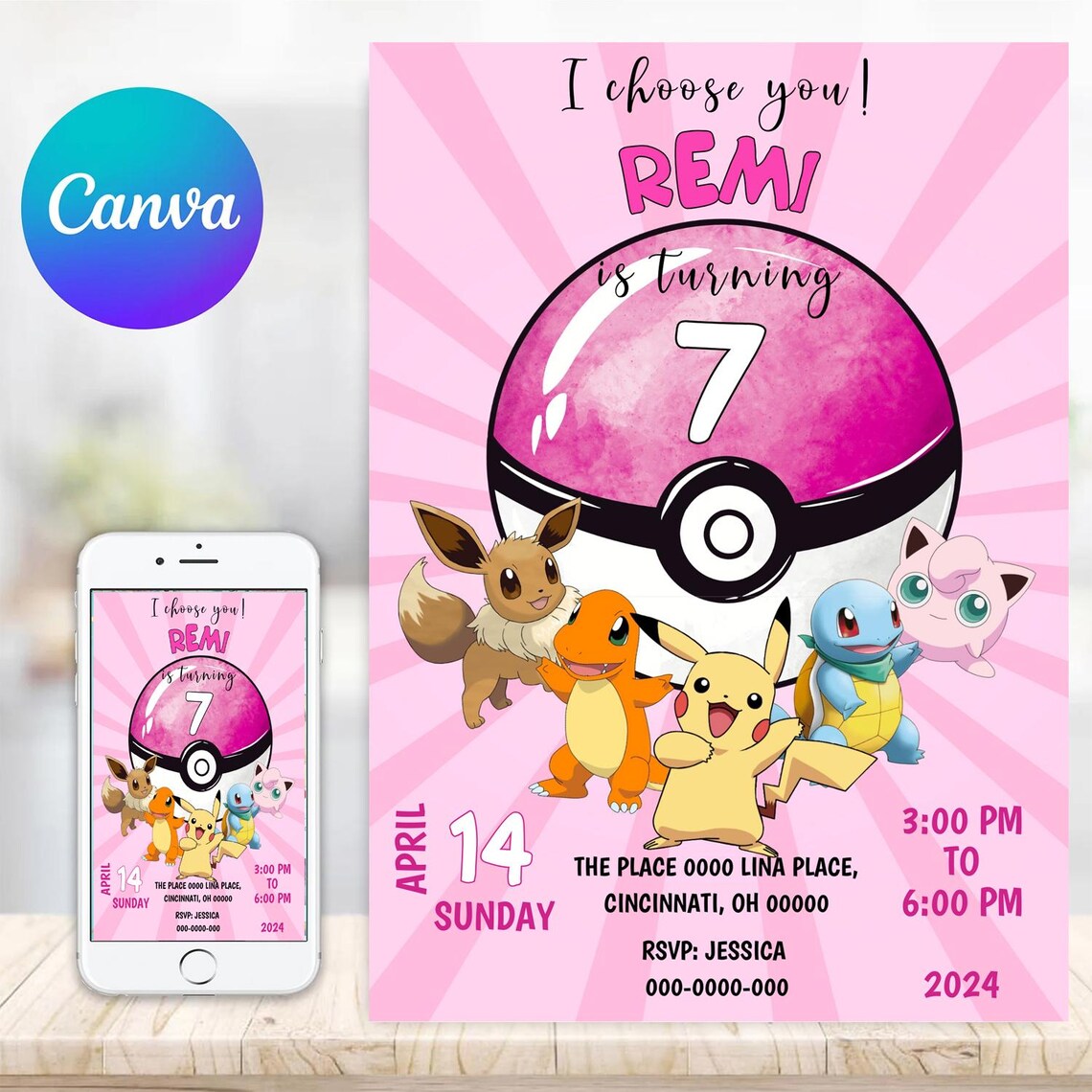 Pink Birthday Pokemon Invitation, Pikachu B-day Invite, Pokemone ...