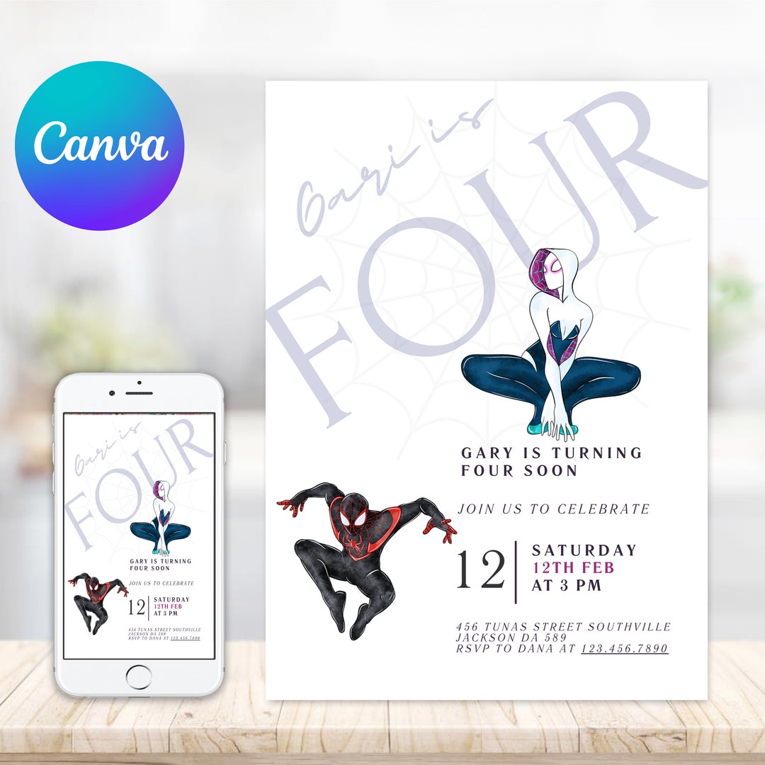 Spider Man Black, Gwen, Invitation Birthday Party Invite Spidey ...