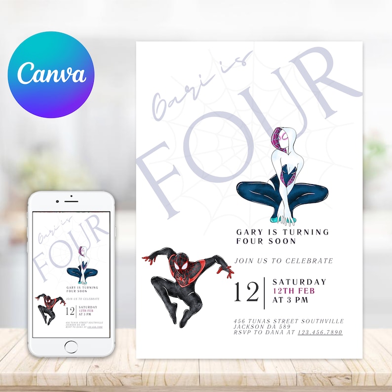 Spider Man Black, Gwen, Invitation Birthday Party Invite Spidey ...