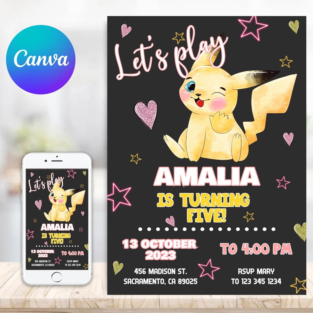 Pink Birthday Pokemon Invitation, Pikachu B-day Invite, Pokemone ...