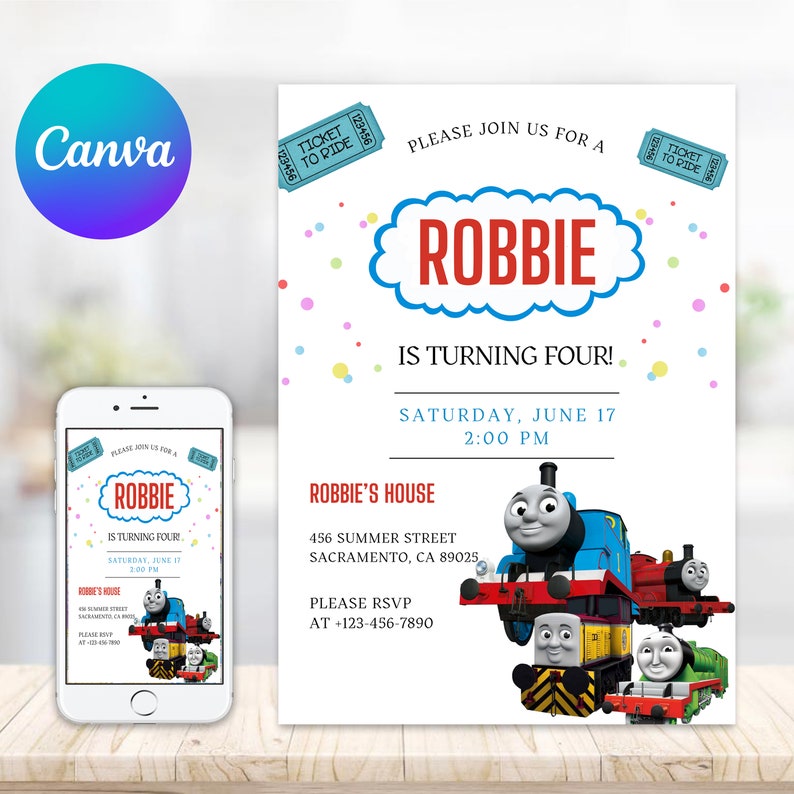 Thomas and Friends Canva Editable Birthday Invitation/card Invitation Thomas Instant Download ...