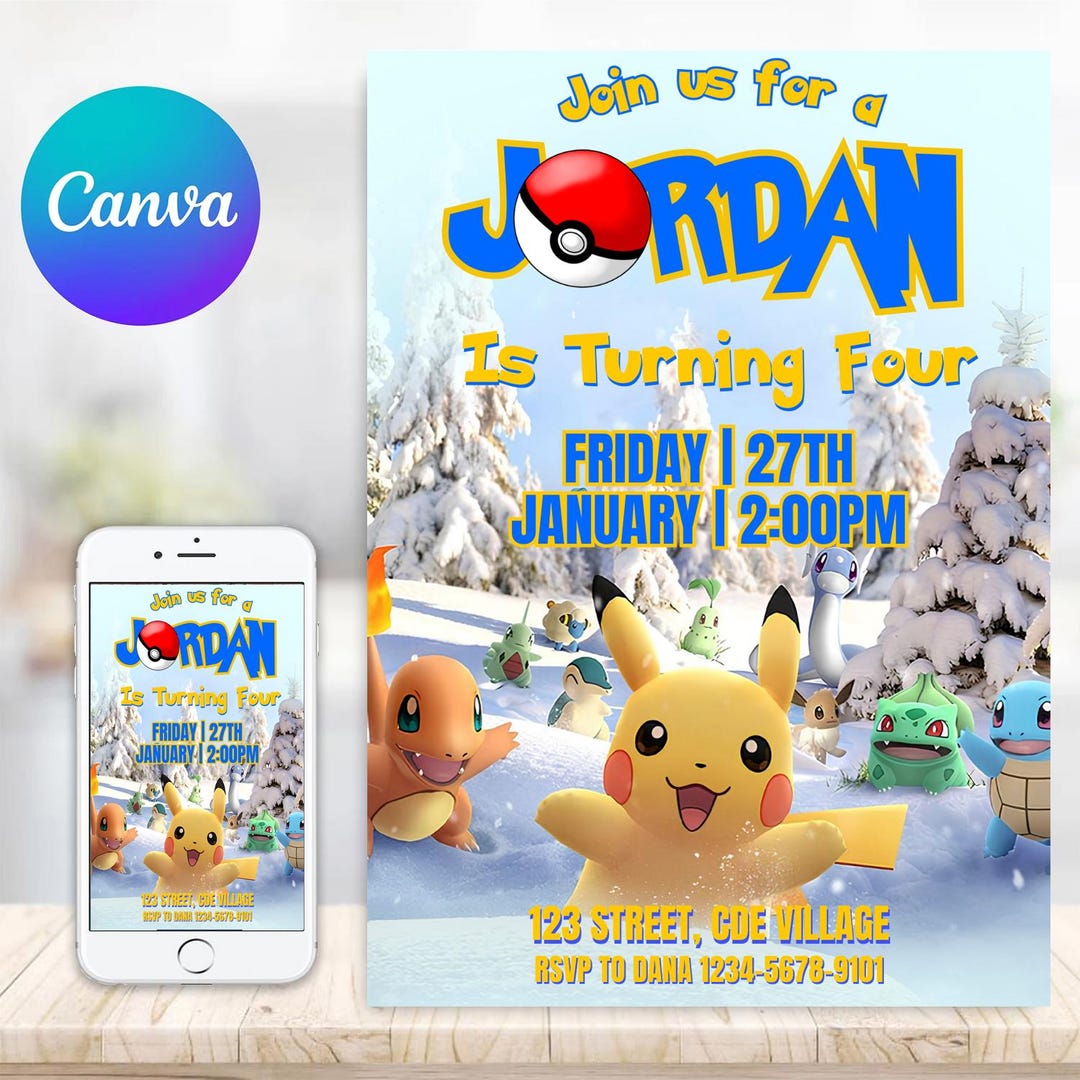 Winter Birthday Pokemon Invitation, Pikachu B-day Invite, Pokemone ...