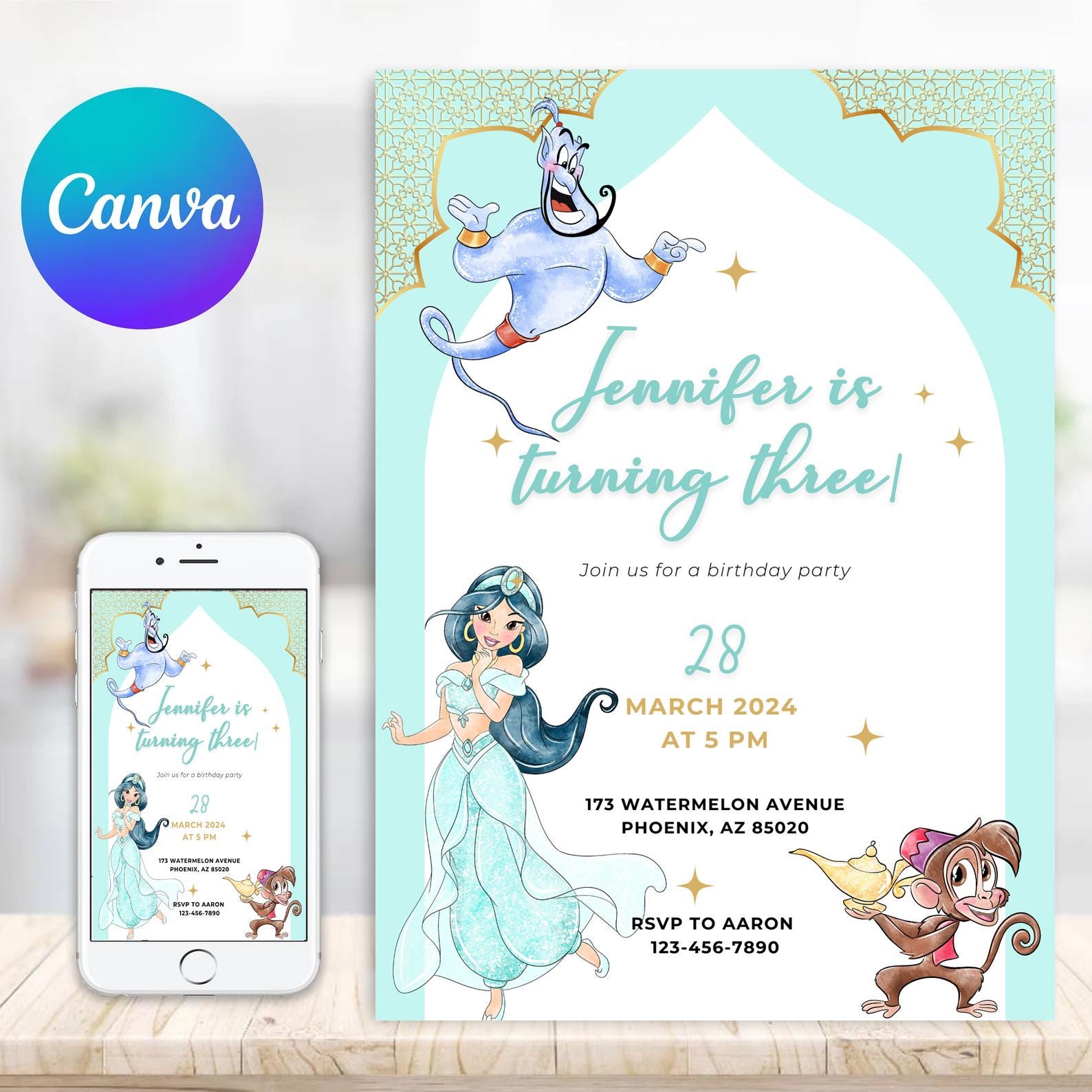 Princess Jasmine Personalized Digital Birthday Party Invitation, Kids ...