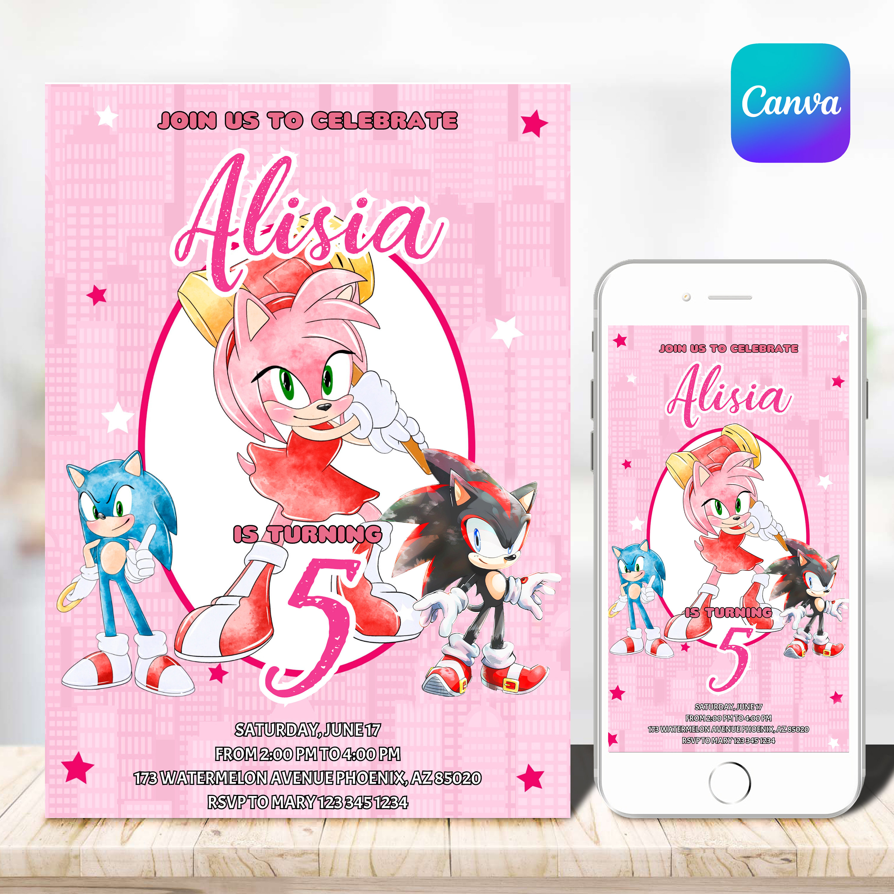 Sonic Invitation for Girls | Sonic Birthday Pink Digital Invitation ...