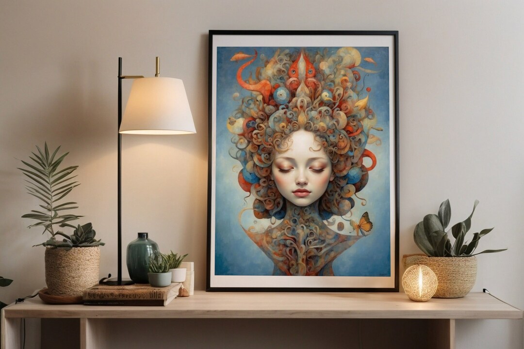 Surrealist Print, Woman Face in a Magical Visual Kaleidoscope, Vintage ...