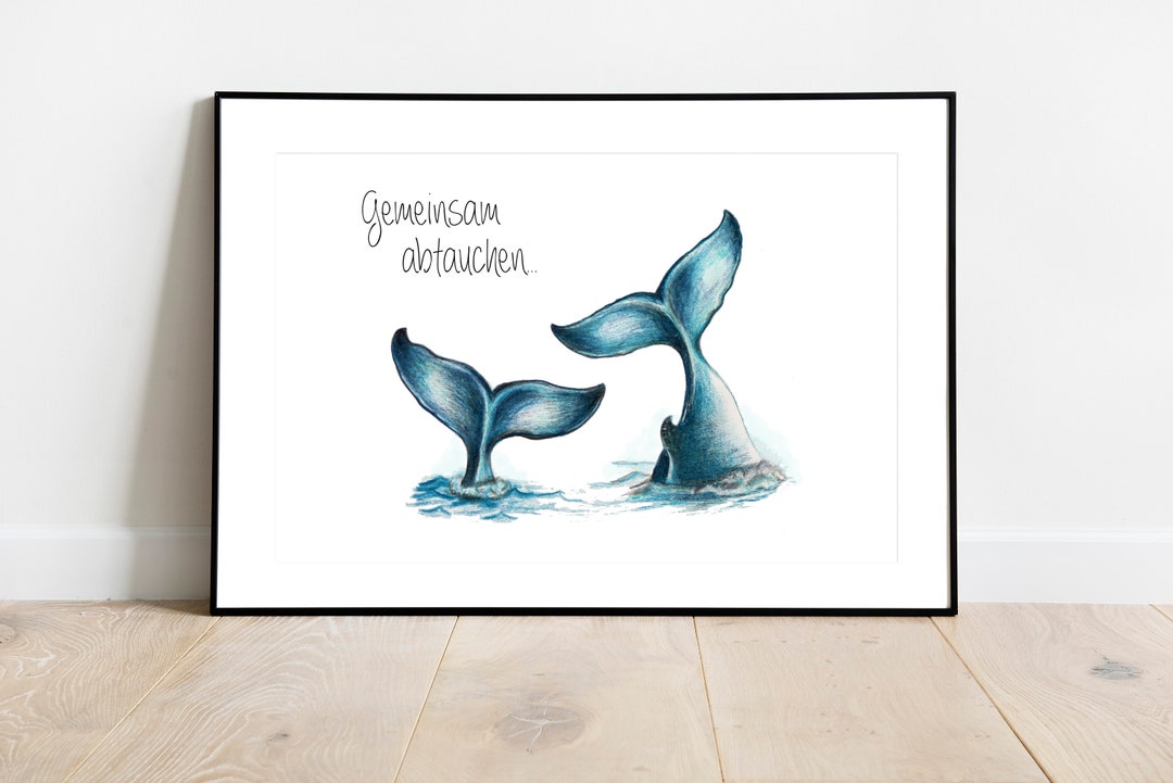 Art Print A4 Poster Diving Together Whale Decoration Bathroom Hand ...
