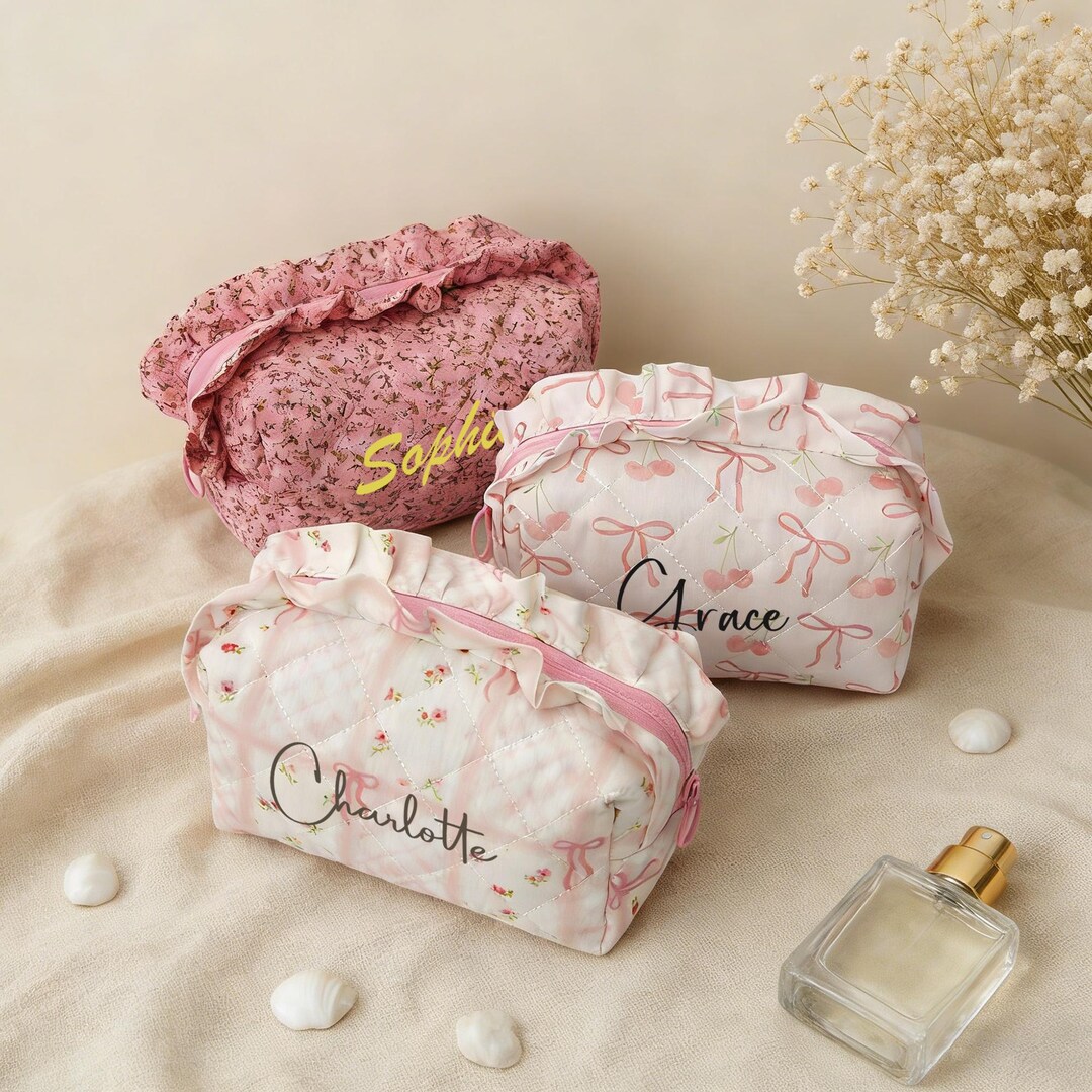 Personalized Embroidered Ruffle Makeup Bag, Quilted Cotton Drawstring ...