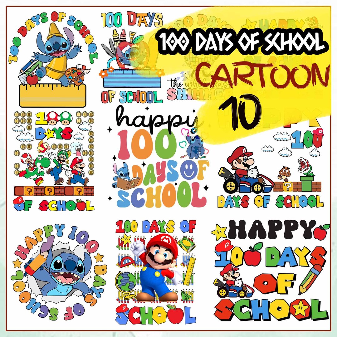 100 Days of School Cartoon PNG Bundle, Happy 100 Days of School Png ...