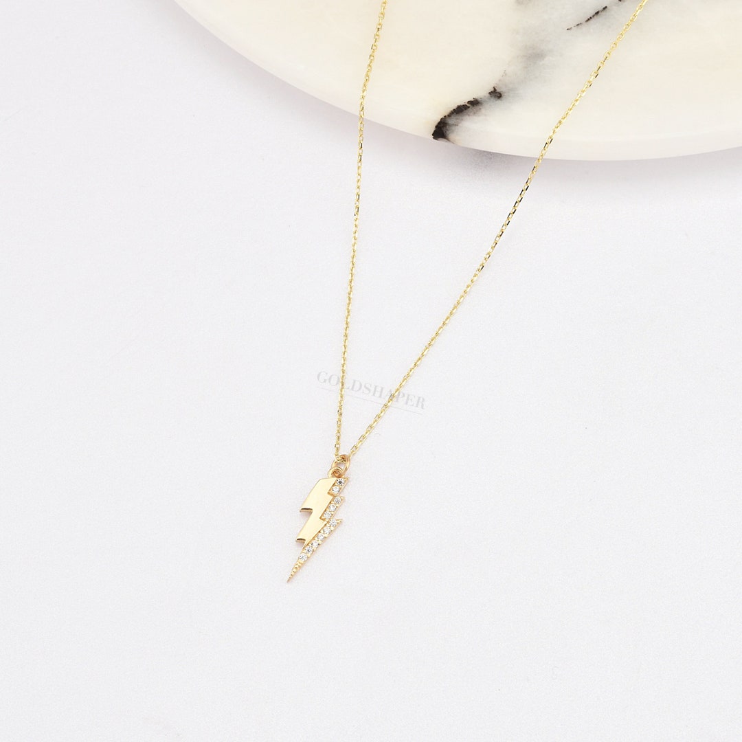 14K Gold Lightning Bolt Necklace, Gold Thunder Bolt Necklace, Nature ...