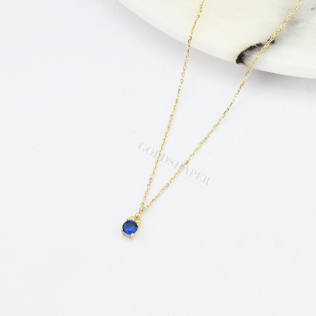 14K Gold Tiny Dark Sapphire Necklace, 14k Solid Gold Necklace ...