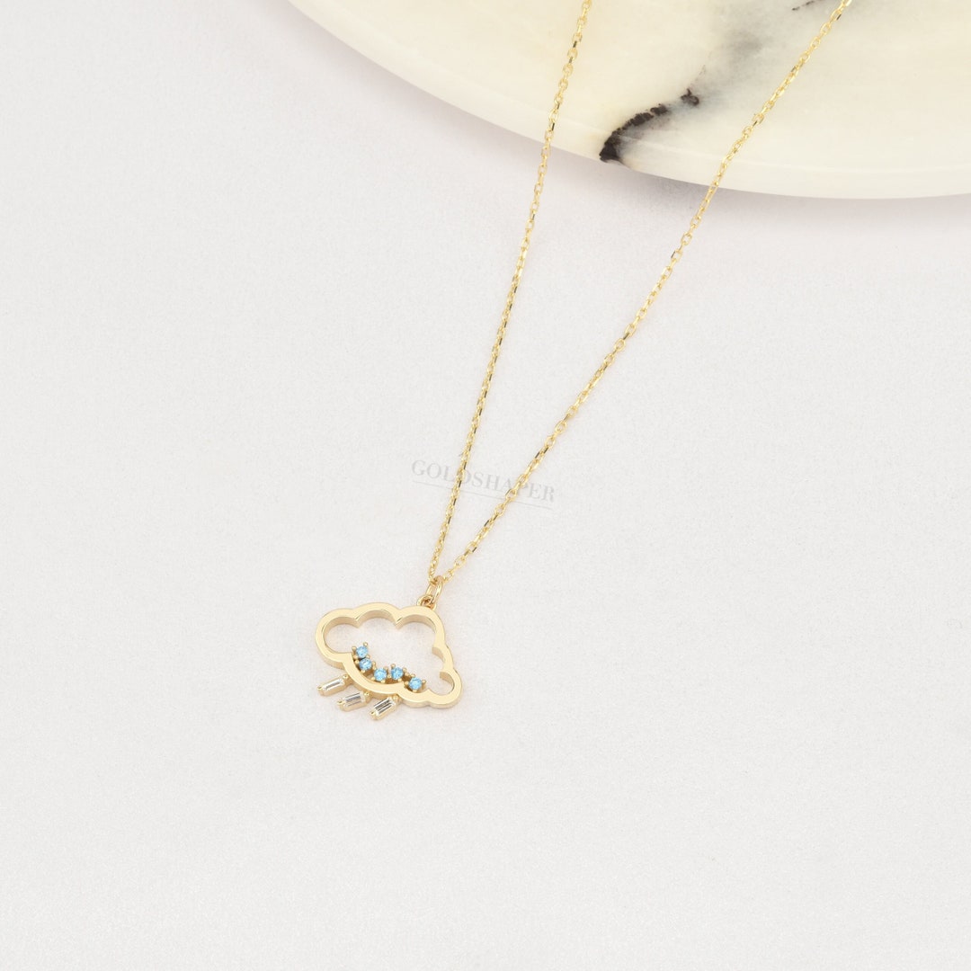 14K Gold Cloud Necklace, 14k Gold Rain Necklace, Season Necklace, Winter Necklace, Cloudy ...