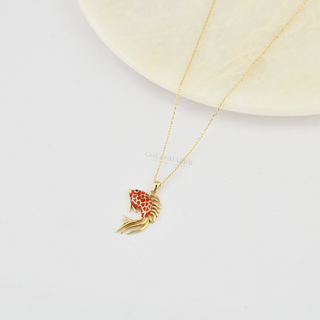 14K Gold Fish Necklace With Red Enamel, Koi Fish Necklace, Animal ...