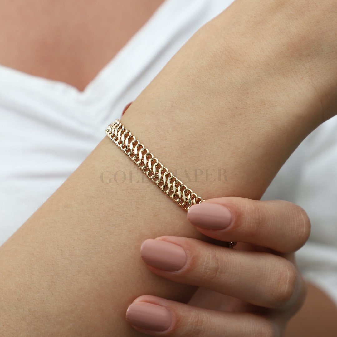 14K Gold Double Curb Chain Bracelet, 7 Mm Vienna Chain Choker, Vienna ...