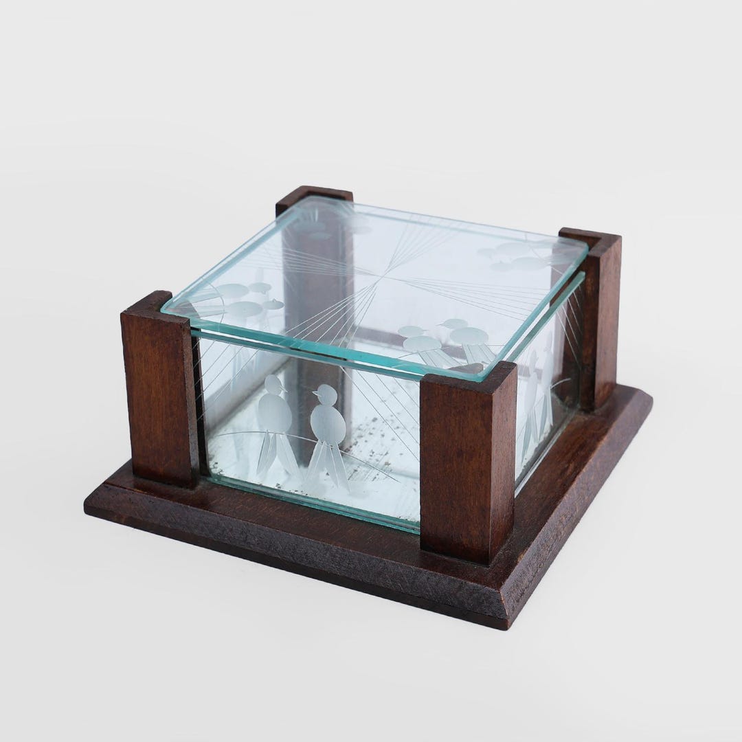 Brocante Antique Unique Art Deco Jewelry Box in Facet Cut Glass and Oak ...