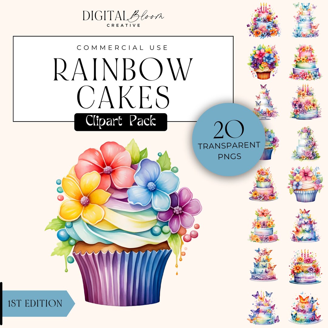 Rainbow Wedding Cake Clipart Watercolor Birthday Cupcakes Bakery ...