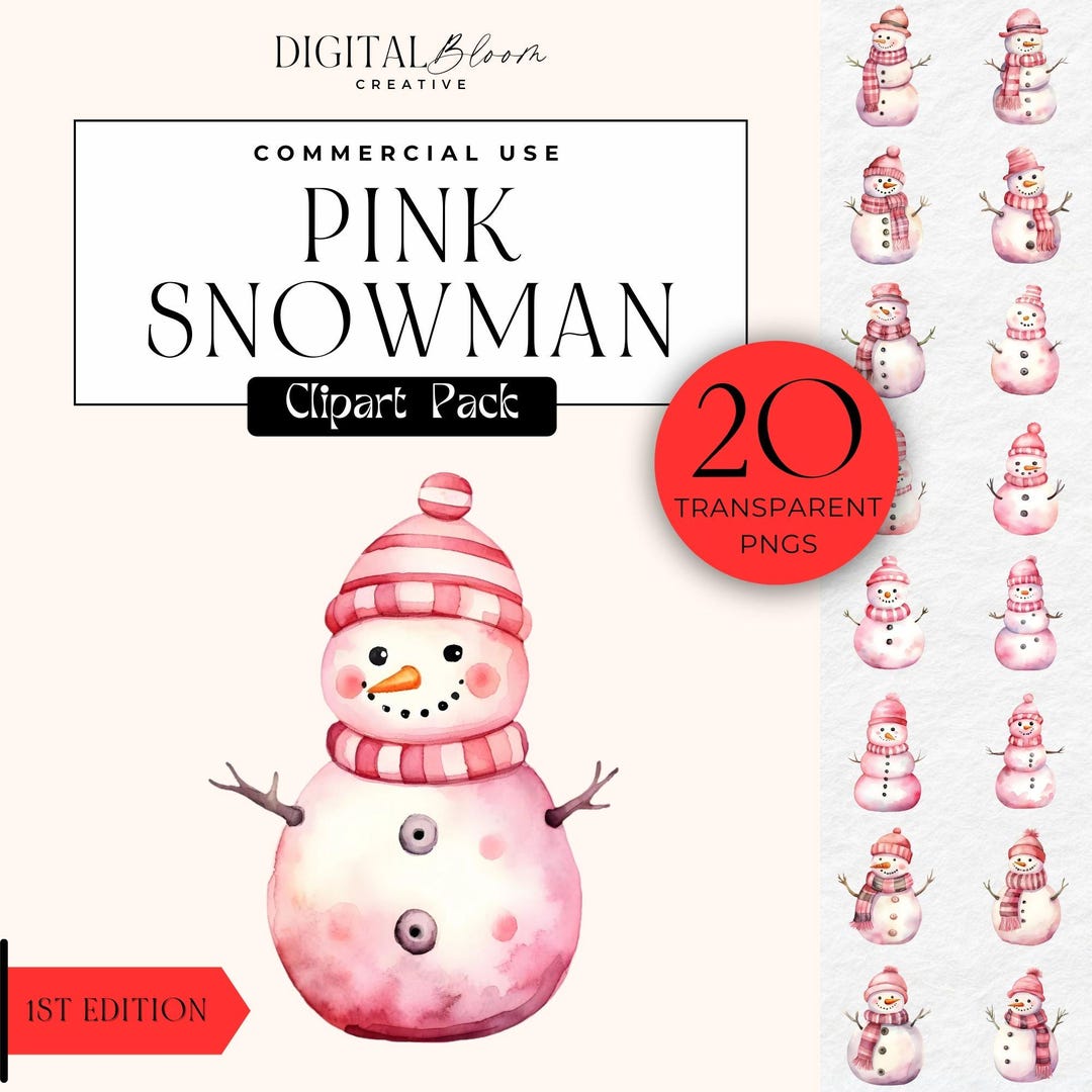 Cute Pink Snowman Clipart Watercolor Holiday Clip Art PNG Winter ...