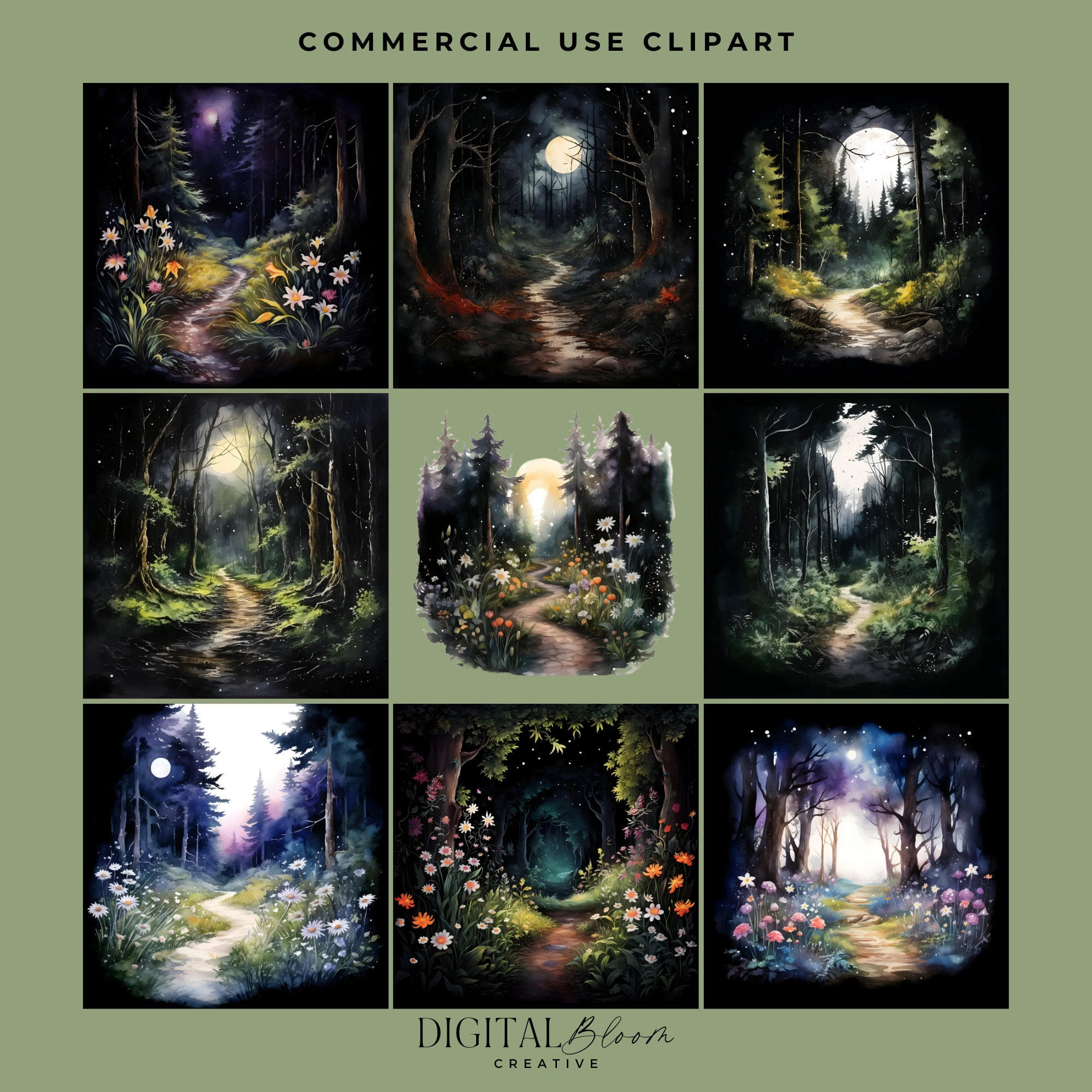 Watercolor Forest Path Clipart, Night Landscape Clip Art, Magical Dark ...