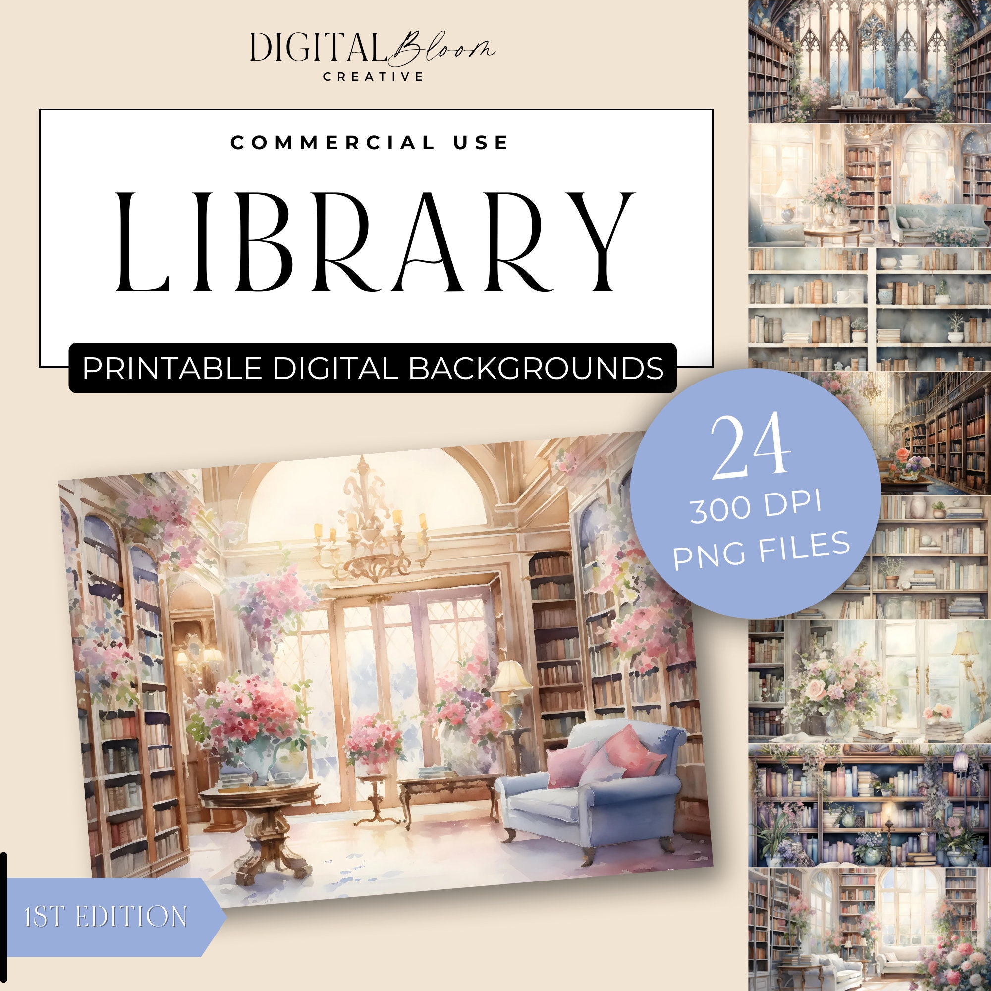 Library Scene, Digital Paper, Bookshelves Background, Books & Flowers ...