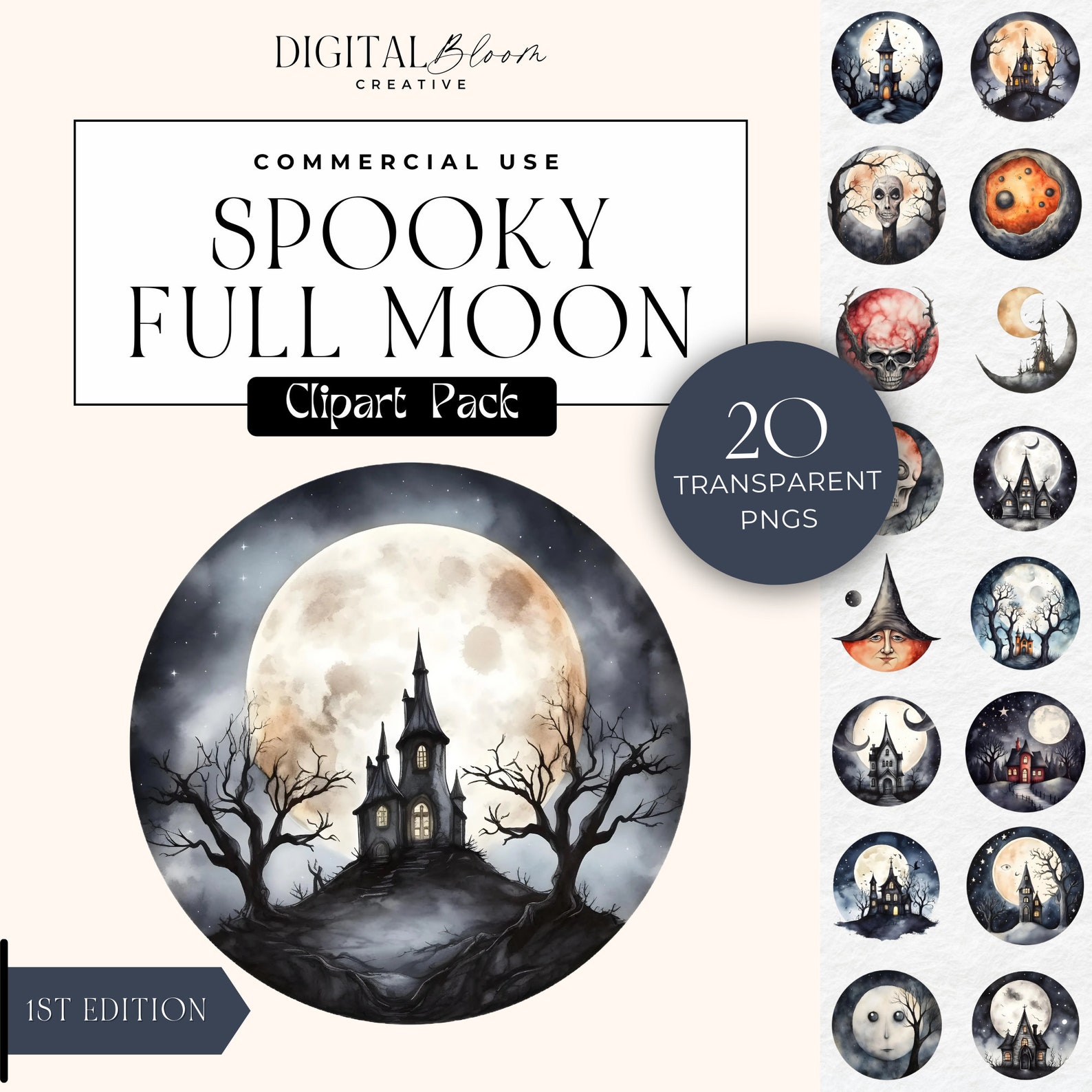 Full Moon Clipart Spooky Crescent Moon PNG Graphics Quirky Halloween ...