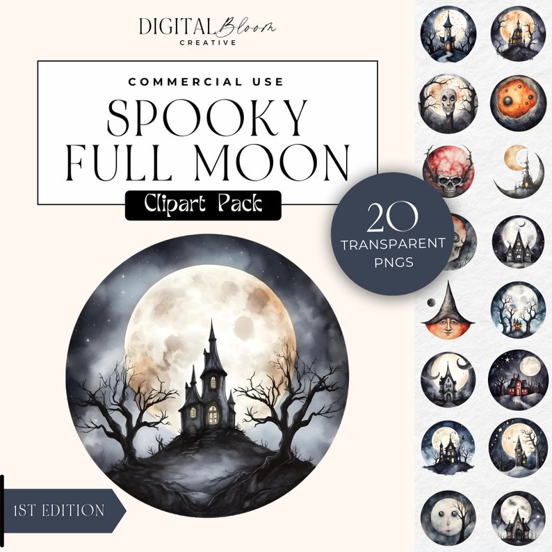 Full Moon Clipart Spooky Crescent Moon PNG Graphics Quirky Halloween ...