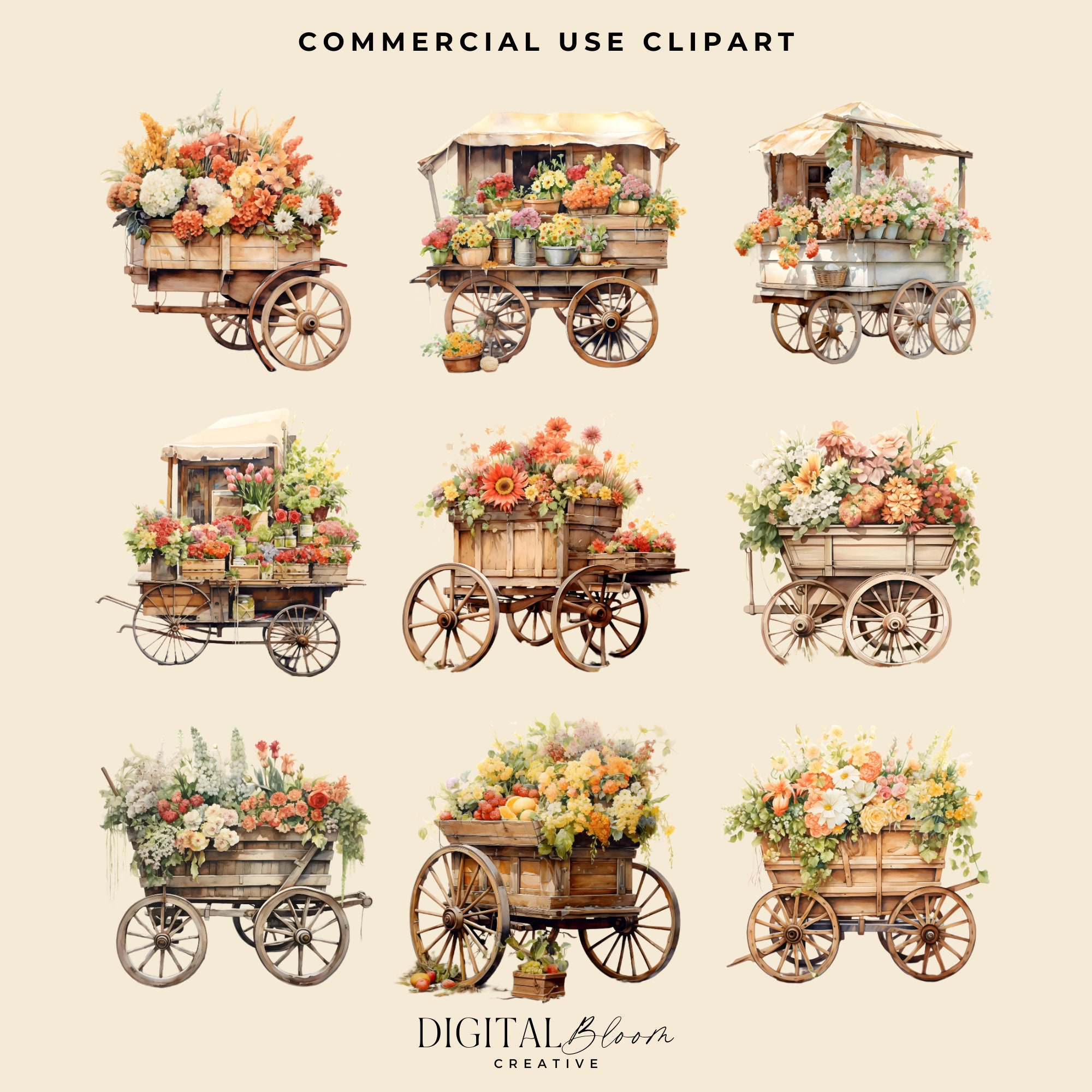 Flower Cart Clipart, Watercolor Floral Carts Clip Art, Vintage ...