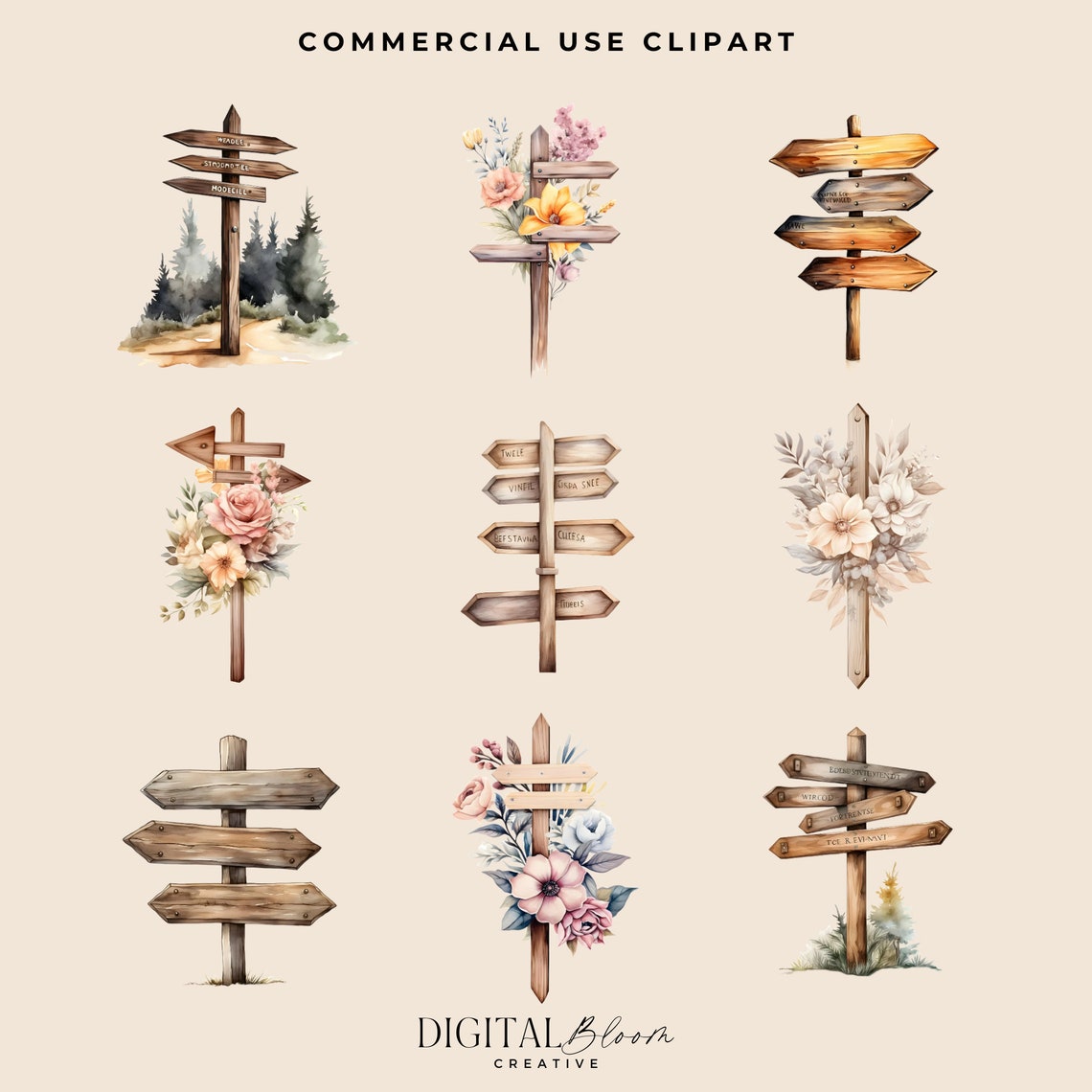 Directional Sign Clipart, Watercolor Wooden Sign Clip Art, Road Signs ...