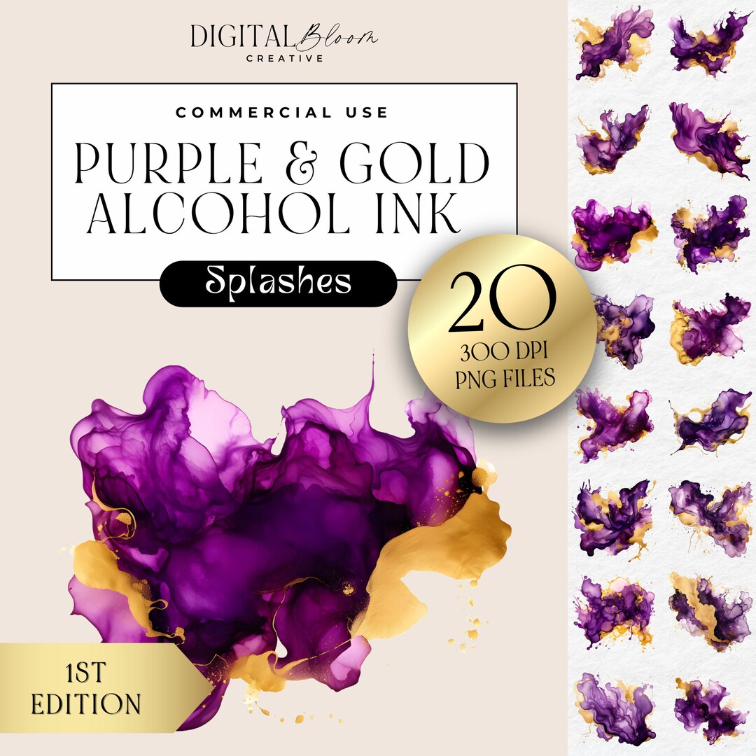 Purple & Gold Alcohol Ink Splashes, Watercolor Paint Splatter, Abstract ...
