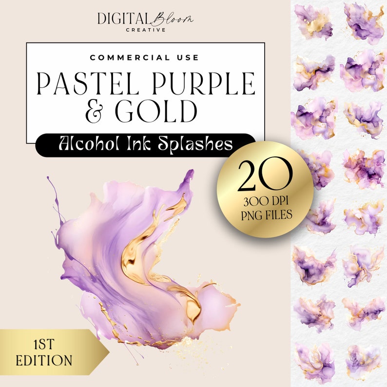 Pastel Purple Gold Alcohol Ink Splash Watercolor Paint Splatter ...