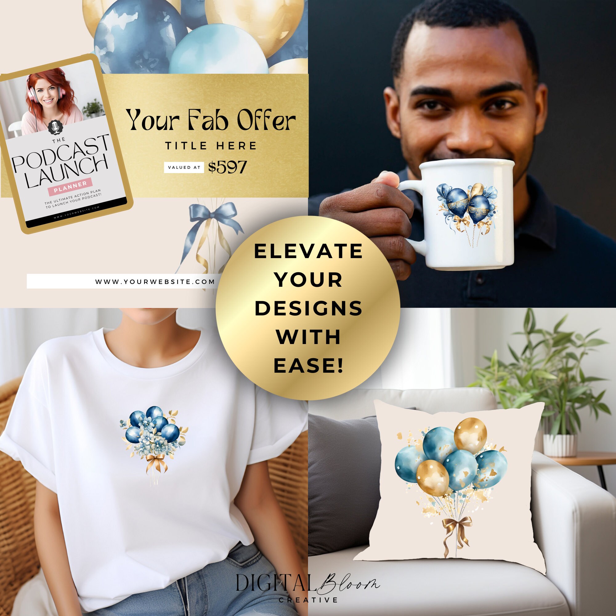 Blue and Gold Balloon Clipart, Watercolor Glitter Balloons Graphics ...