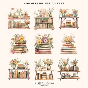 Boho Bookshelf Clipart Bookworm PNG Watercolor Reading Neutral Floral ...