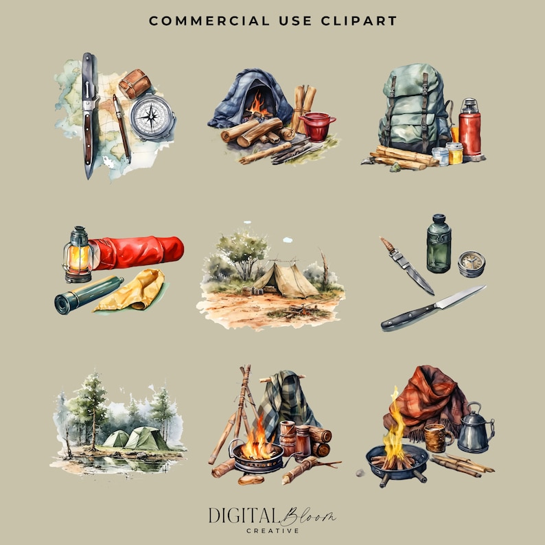 Survival Clipart, Watercolor Camping Equipment, Boy Scouts Clip Art PNG ...