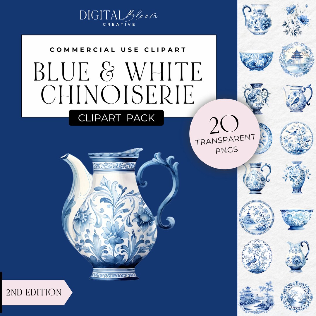 Chinoiserie Vase Clip Art Elegant Blue White Chinese Porcelain Vase PNG ...