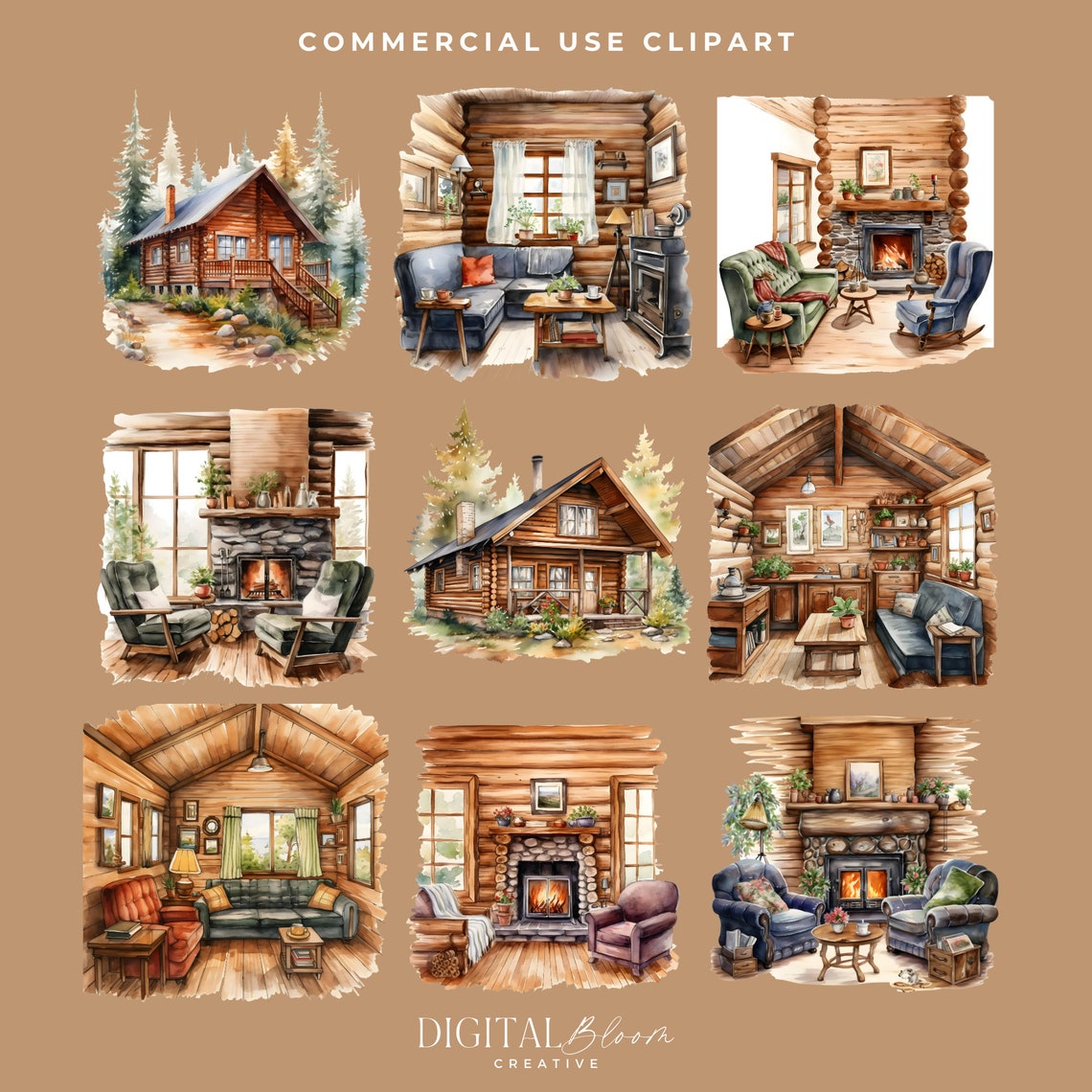 Cozy Cabin Clipart, Watercolor Log Chalet, Winter Forest House, Rustic ...