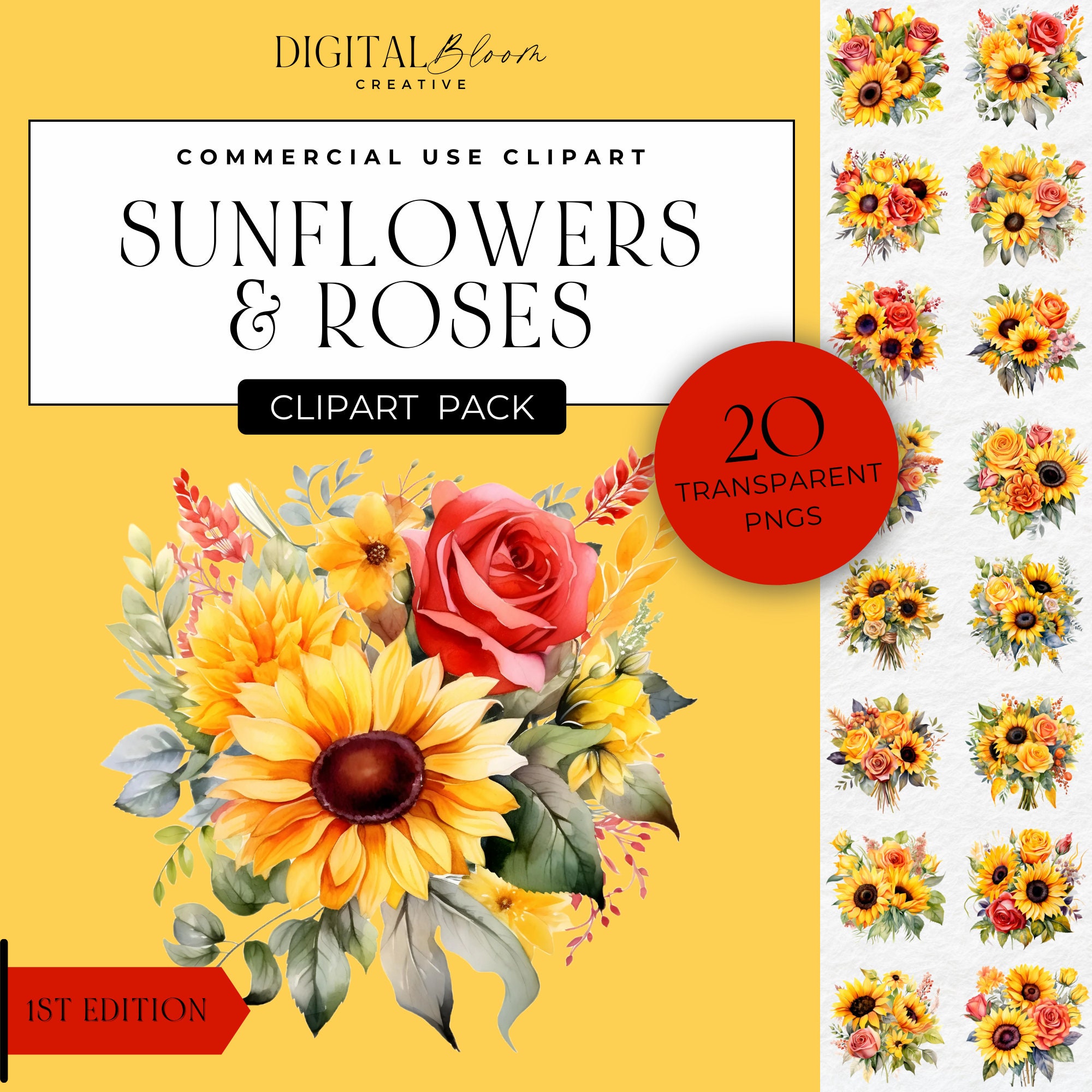Sunflower and Rose Clipart Floral Bright Red Roses Yellow Sun Flowers ...