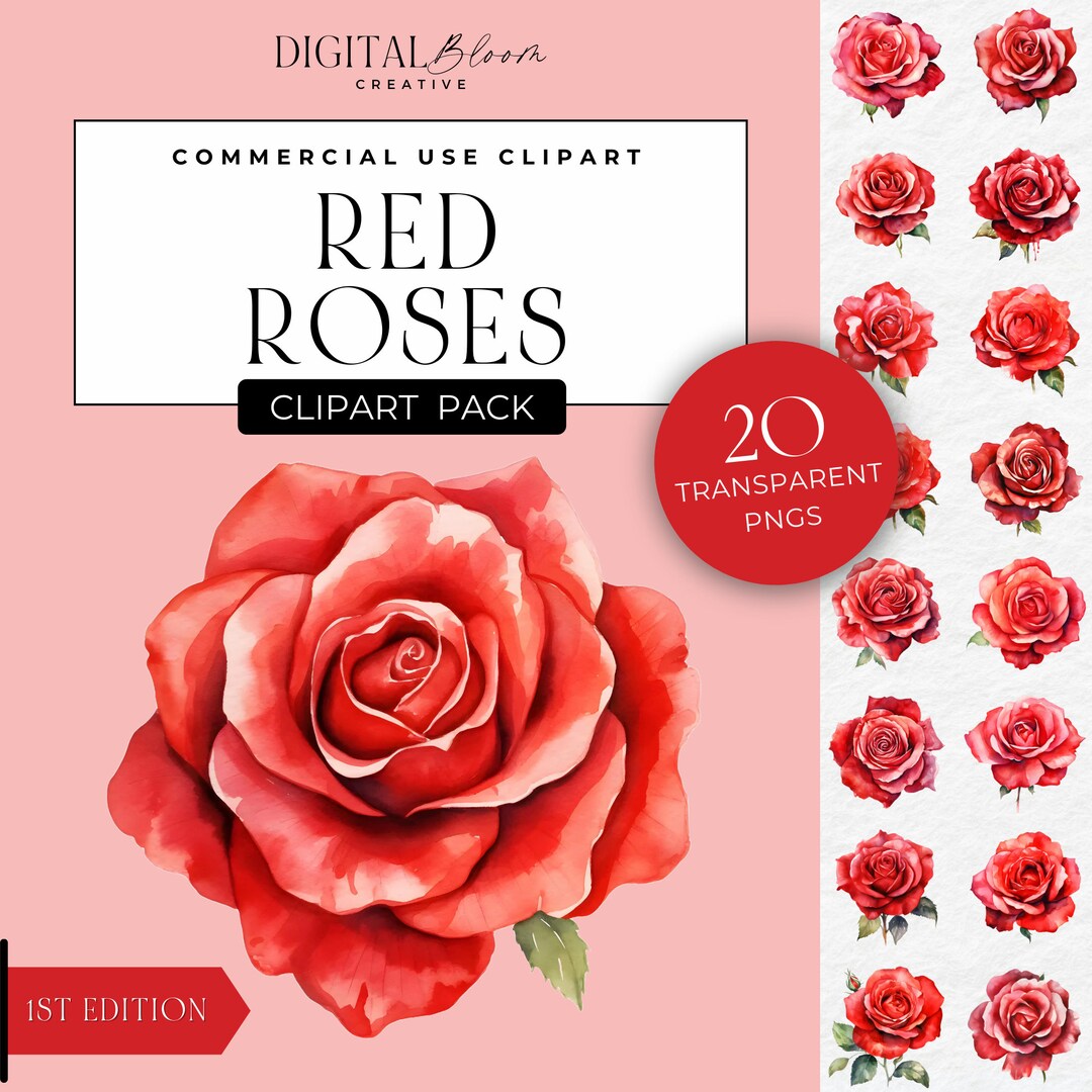 Red Rose Flower Clipart Floral Baby Shower Bright Roses PNG Graphics ...