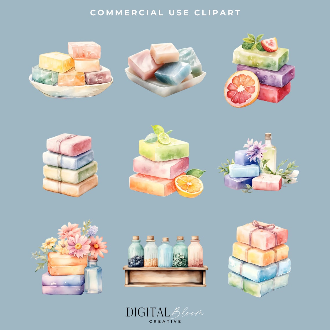 Handmade Soap Clipart Watercolor Bundle Bar of Herbal Fruit Soaps Spa ...