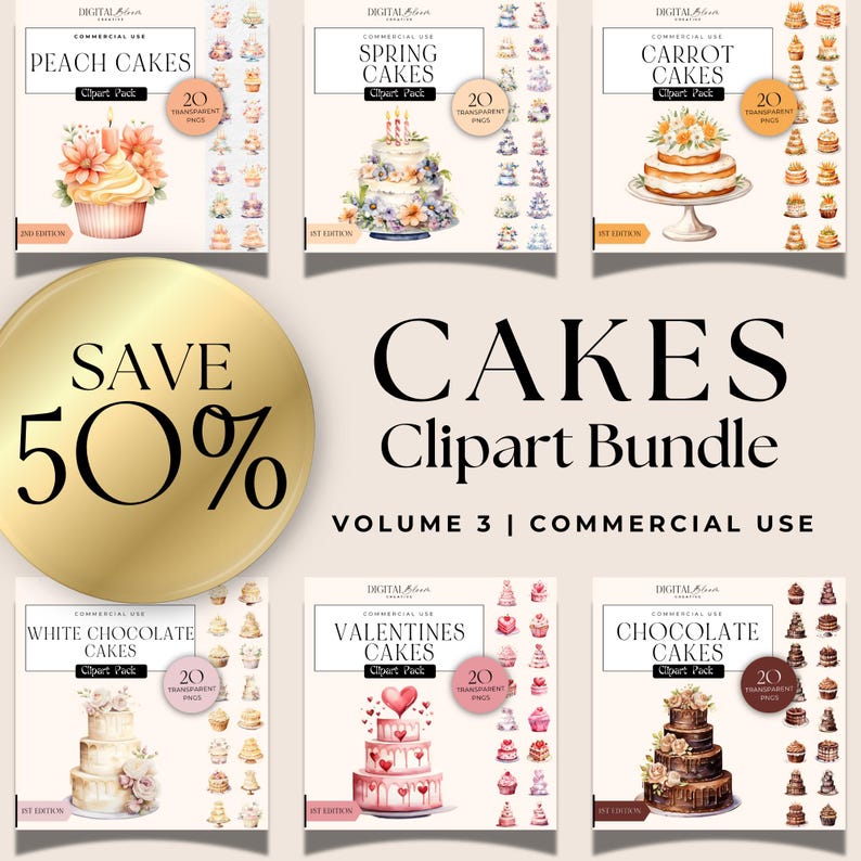 Cake Clipart Set, Watercolor Birthday Cake Bundle PNG, Instant Download ...