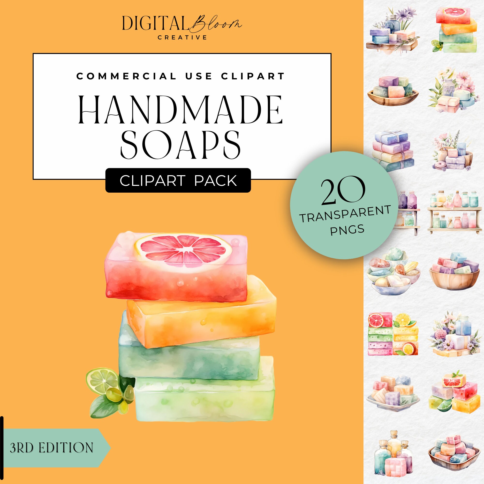 Handmade Soap Clipart Watercolor Bundle Bar of Herbal Fruit Soaps Spa ...