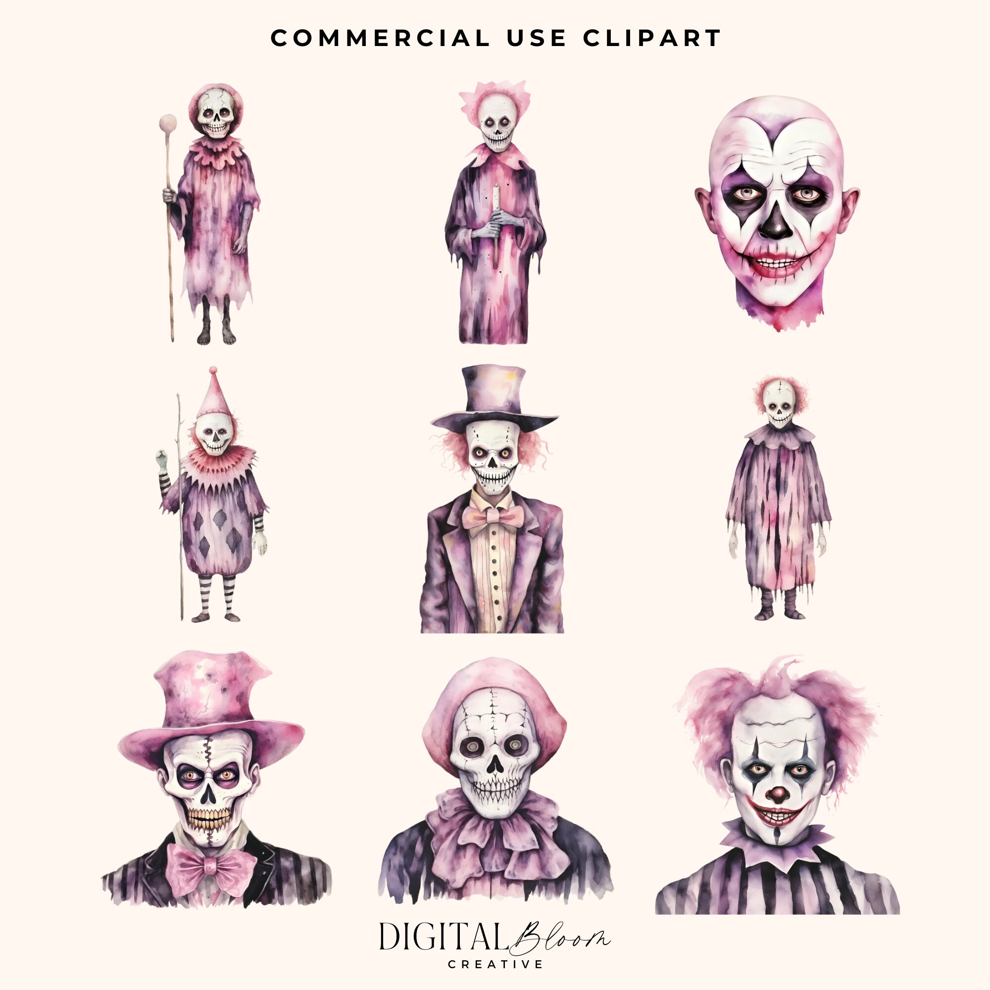 Pink Halloween Clowns Clipart Spooky PNG Graphics Circus Halloween Clip ...