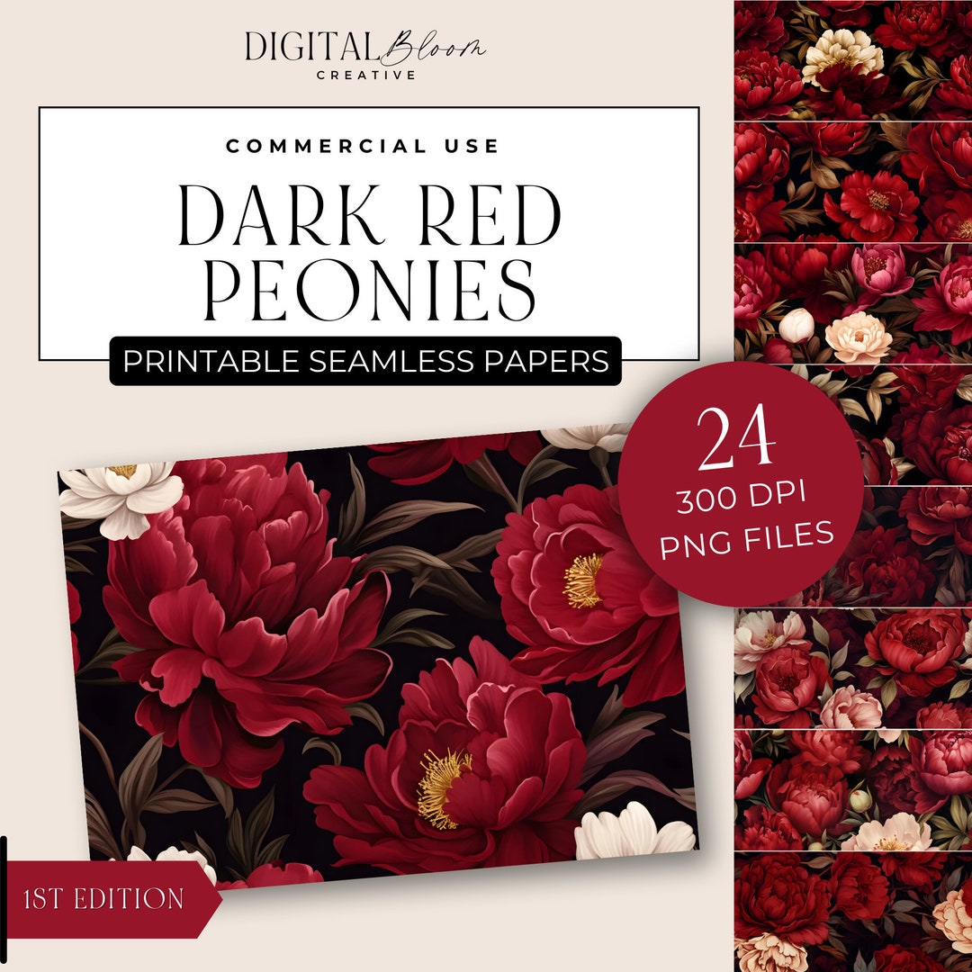 Dark Red Peony Digital Paper Bright Peonies Seamless Pattern Background ...