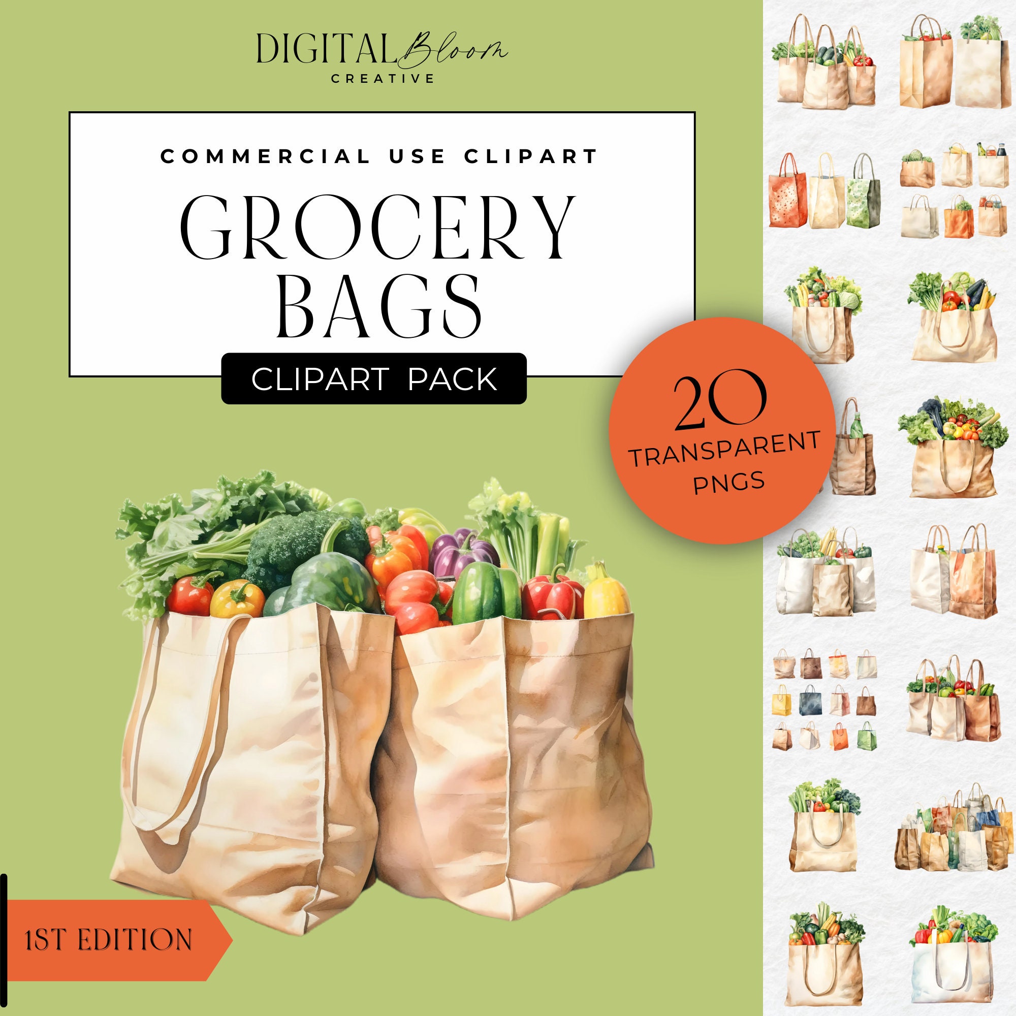 Grocery Bag Clipart, Food Clip Art, Shopping Bags PNG, Foodie Graphics ...