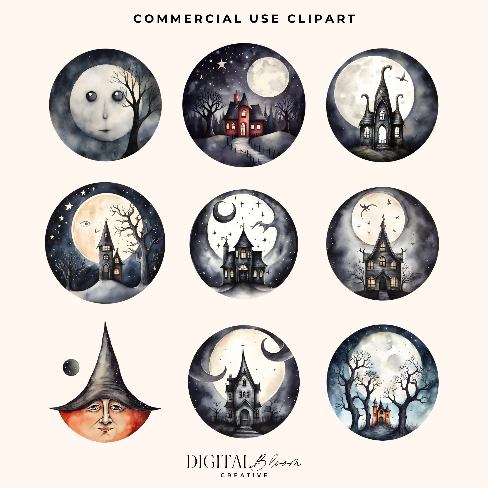 Full Moon Clipart Spooky Crescent Moon PNG Graphics Quirky Halloween ...