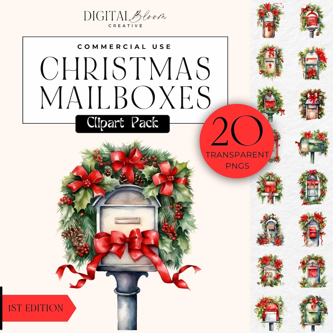 Christmas Mailbox Clipart Png Winter Printables Floral Watercolor ...