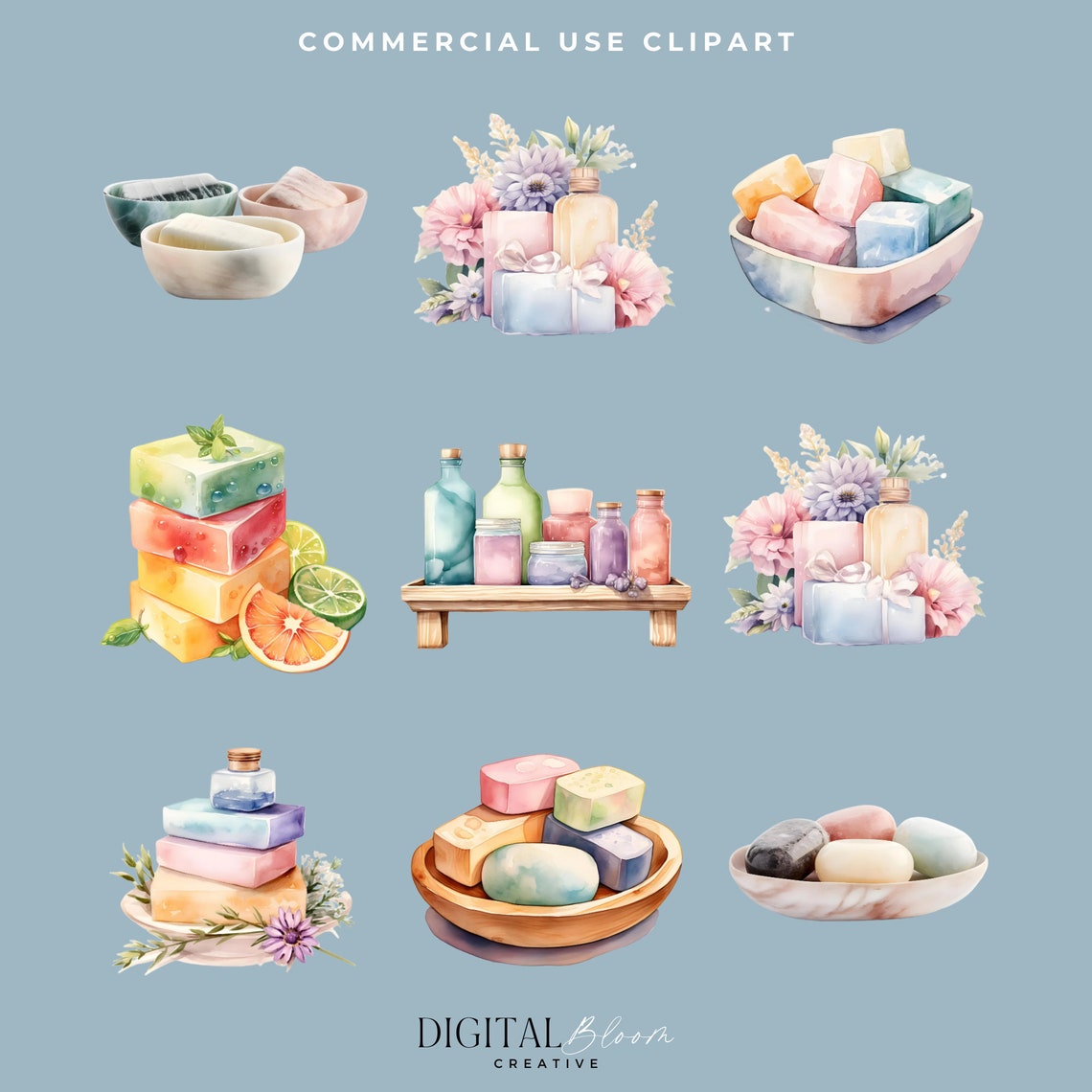 Handmade Soap Clipart Watercolor Bundle Bar of Herbal Fruit Soaps Spa ...