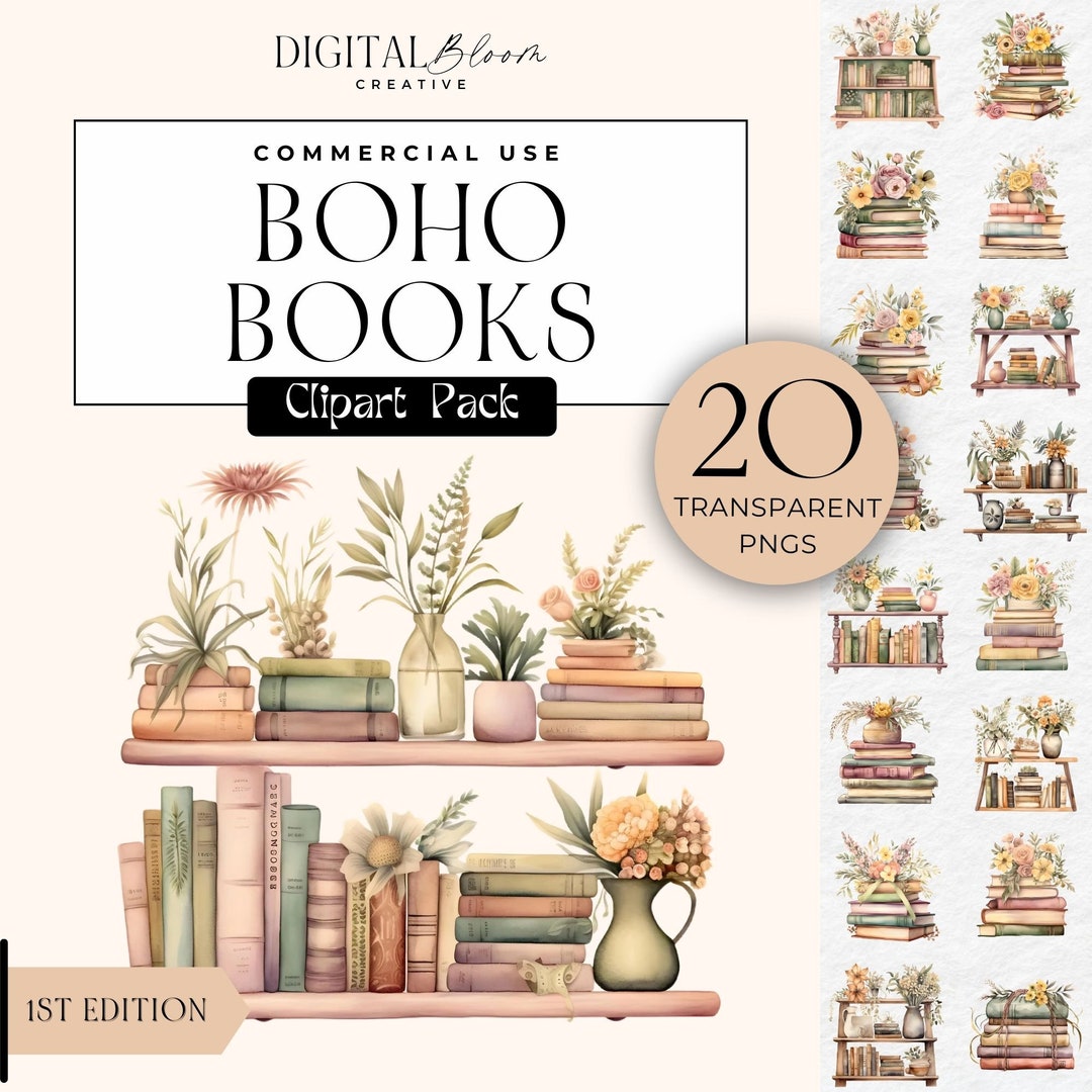 Boho Bookshelf Clipart Bookworm PNG Watercolor Reading Neutral Floral ...