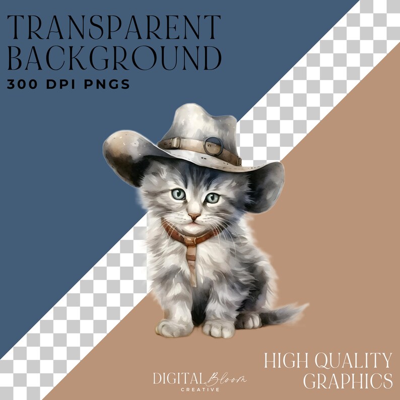 Cowboy Kittens Clipart, Watercolor Cat With Hat, Western Pets Clip Art ...