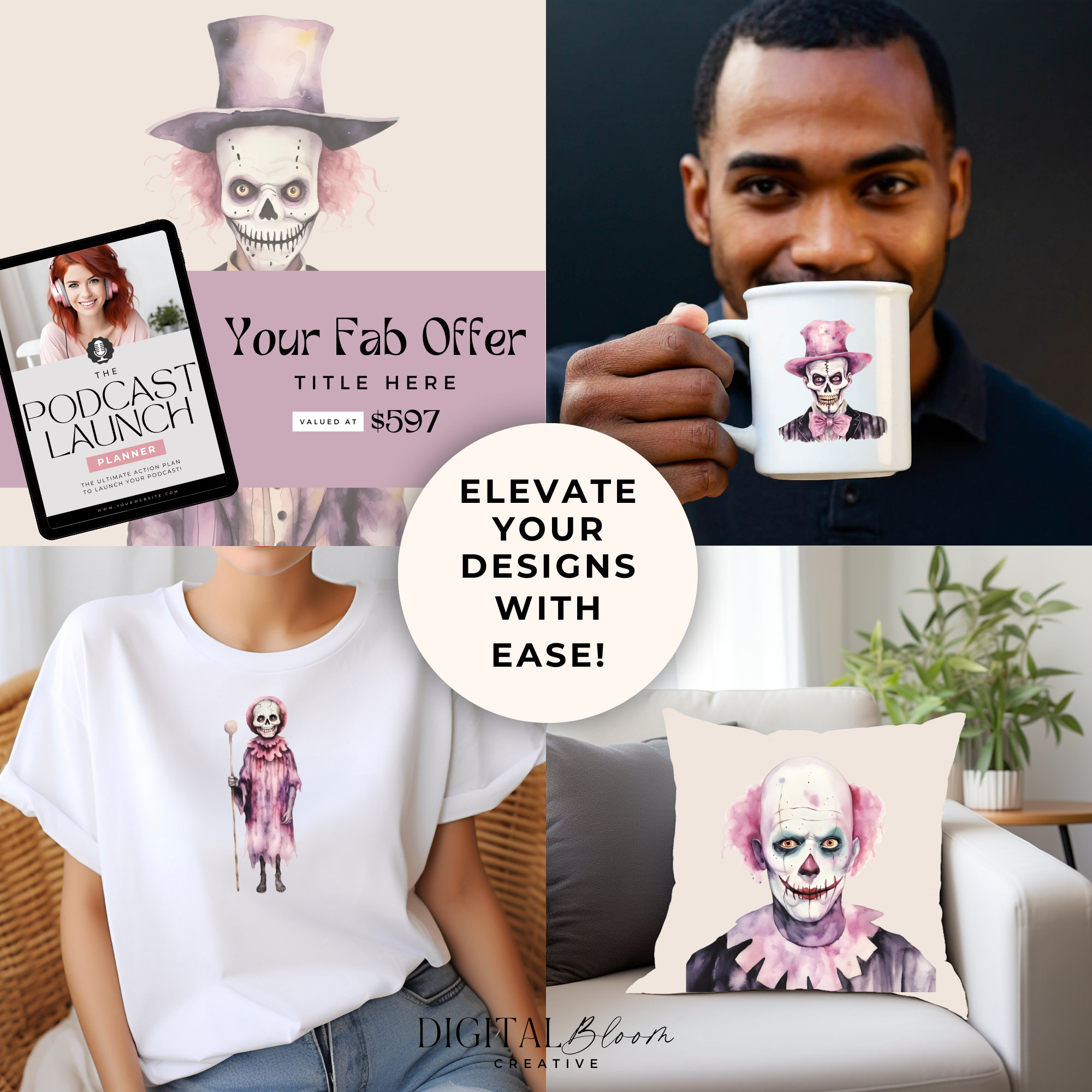 Pink Halloween Clowns Clipart Spooky PNG Graphics Circus Halloween Clip ...
