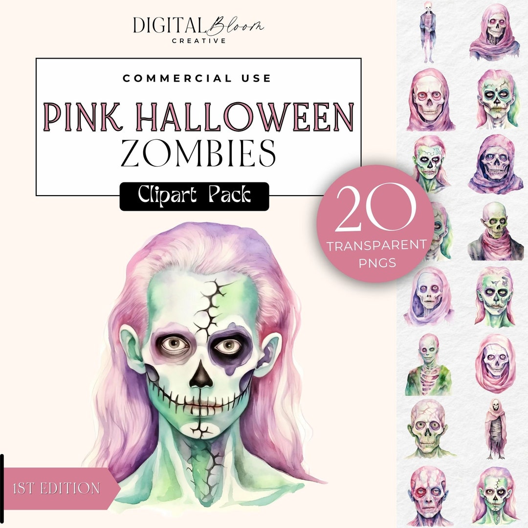 Pink Halloween Zombies Clipart Spooky PNG Graphics Cute Halloween Clip ...