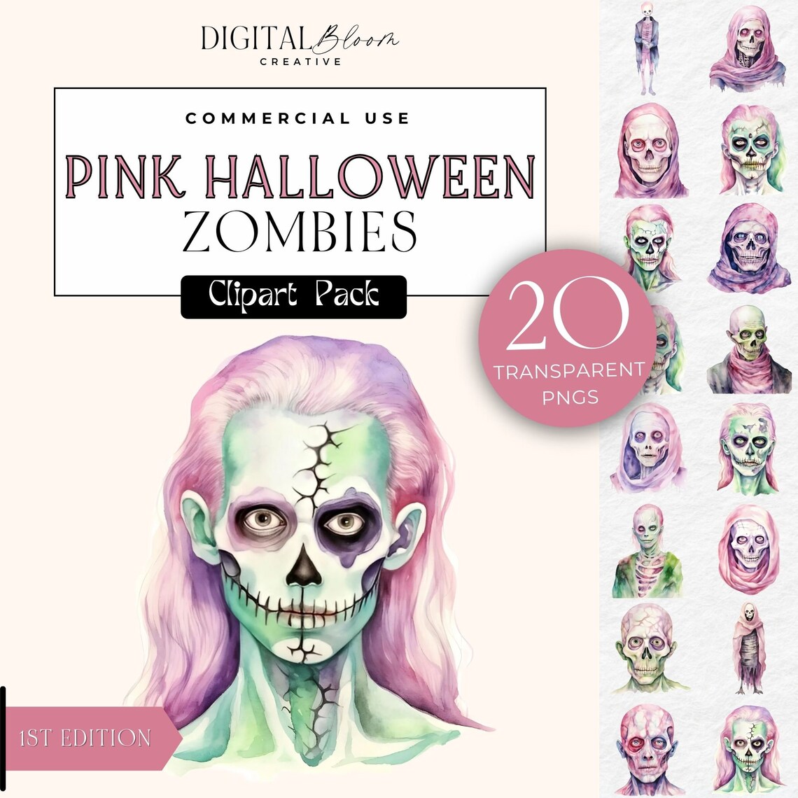 Pink Halloween Zombies Clipart Spooky PNG Graphics Cute Halloween Clip ...