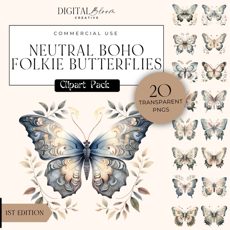 Neutral Boho Butterfly Folkie Clipart Butterflies Graphics Transparent ...